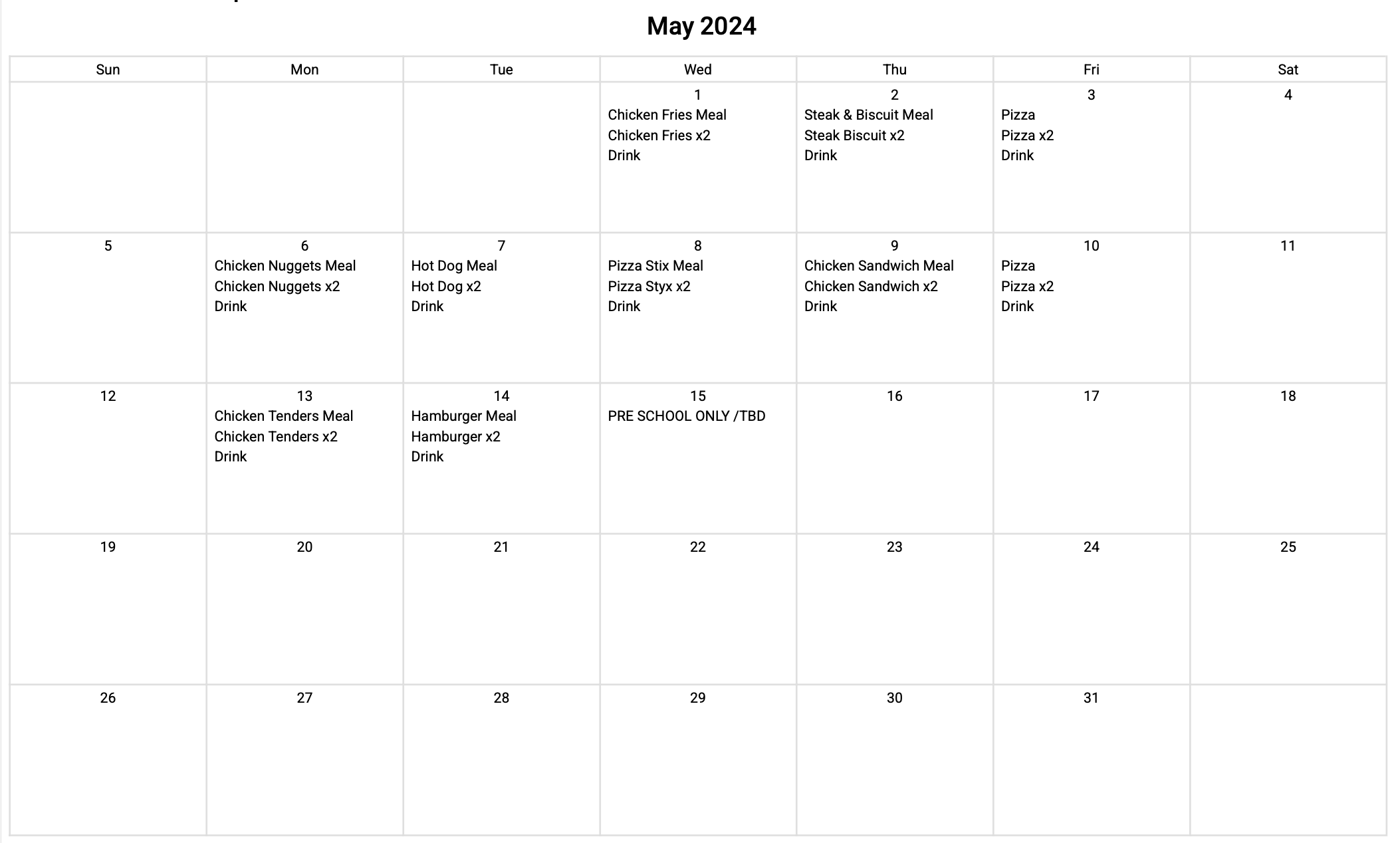 Lunch Menus | Pleasant View Christian School